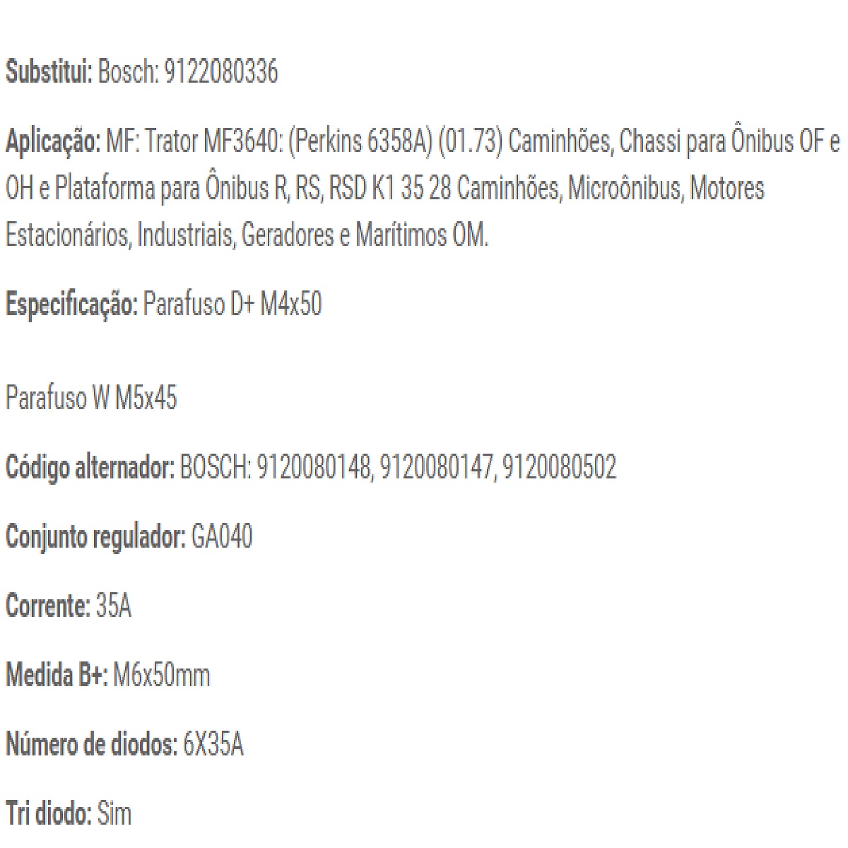 Placa Diodo Conjunto Retificador 35A Compativel MF 364 Per kins 6358A